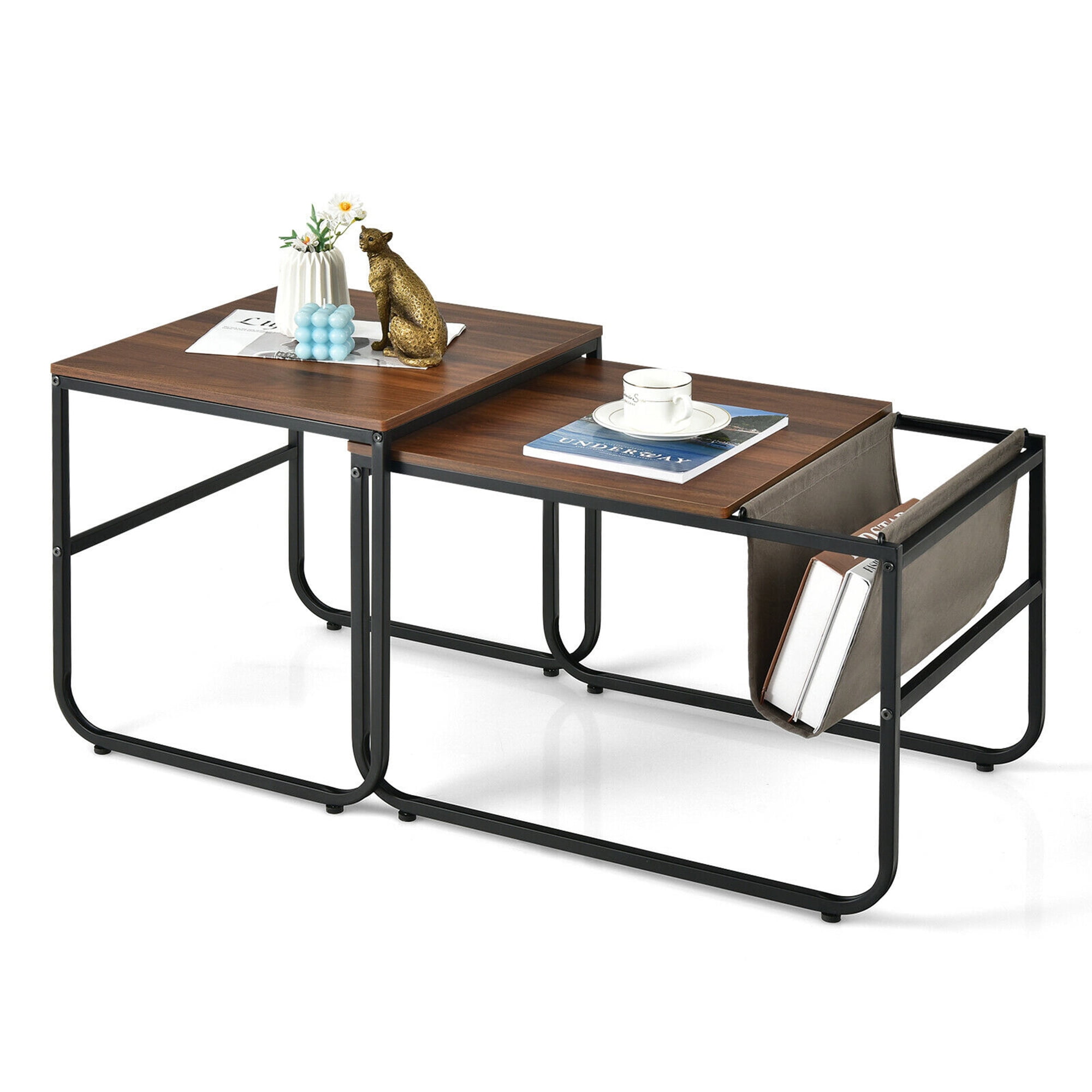 Gymax Nesting Coffee Table Set of 2 Industrial Stackable Side Table w ...