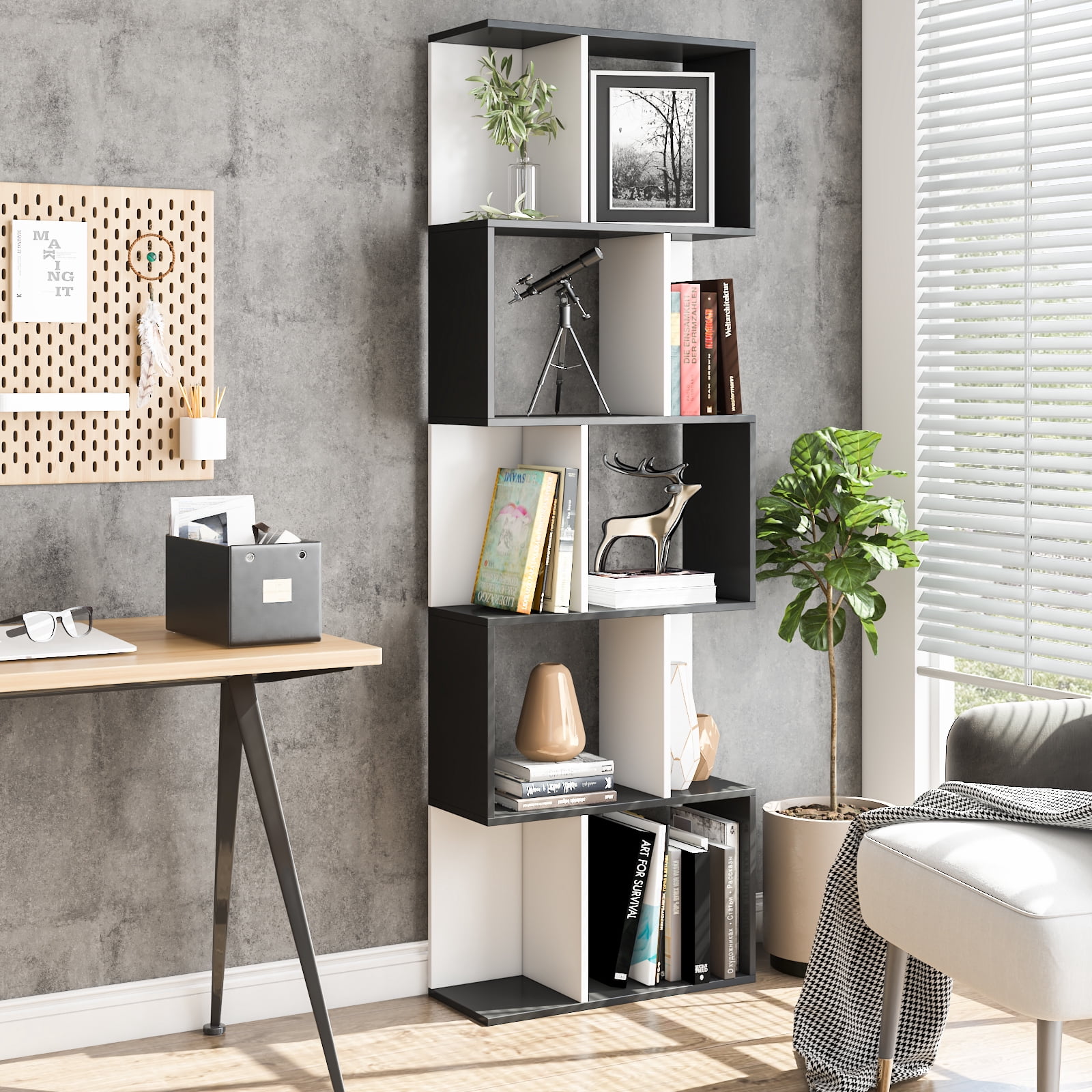 73" 5-Tier Geometric Bookshelf, Wooden S-Shaped Bookcase, Display Shelf ...