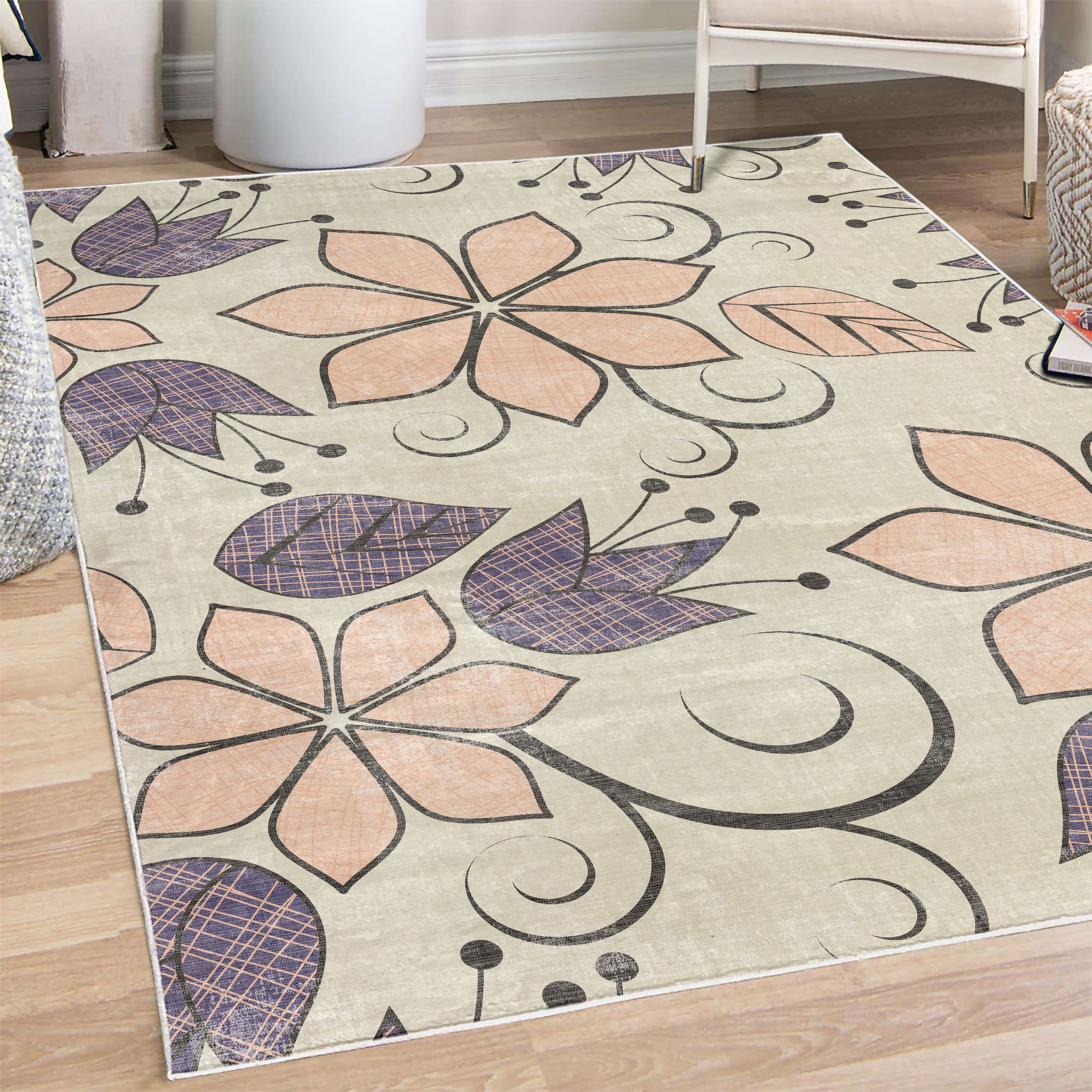 Floral Decorative Rug, Delicate Flowers with Swirling Ivy Branches ...