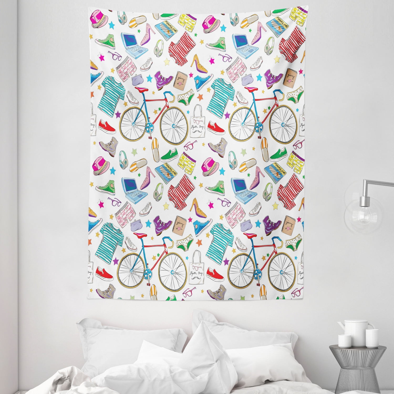 Indie Tapestry, Urban Hipster Accessories Pattern Colorful Doodle ...
