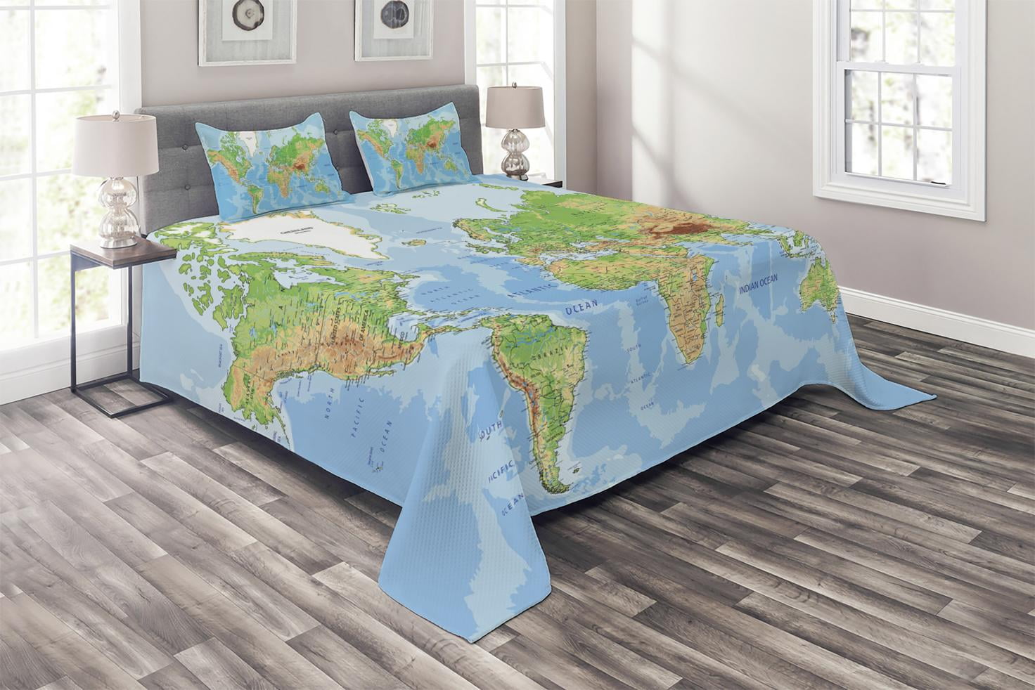 Ambesonne World Map Quilted Coverlet 3 Pcs, Topographic, Queen Size ...