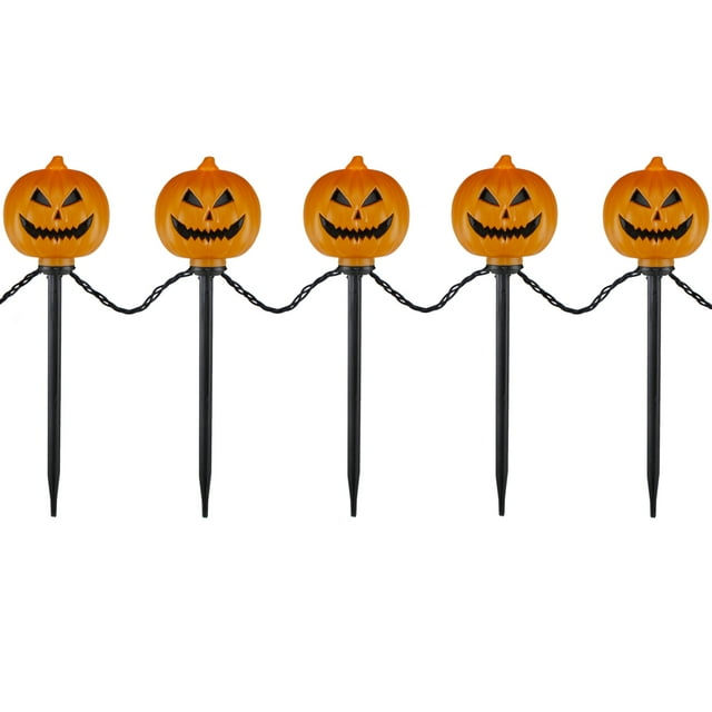 Set of 5 Lighted Scary Jack-o-Lantern Pumpkin Halloween Pathway Marker ...