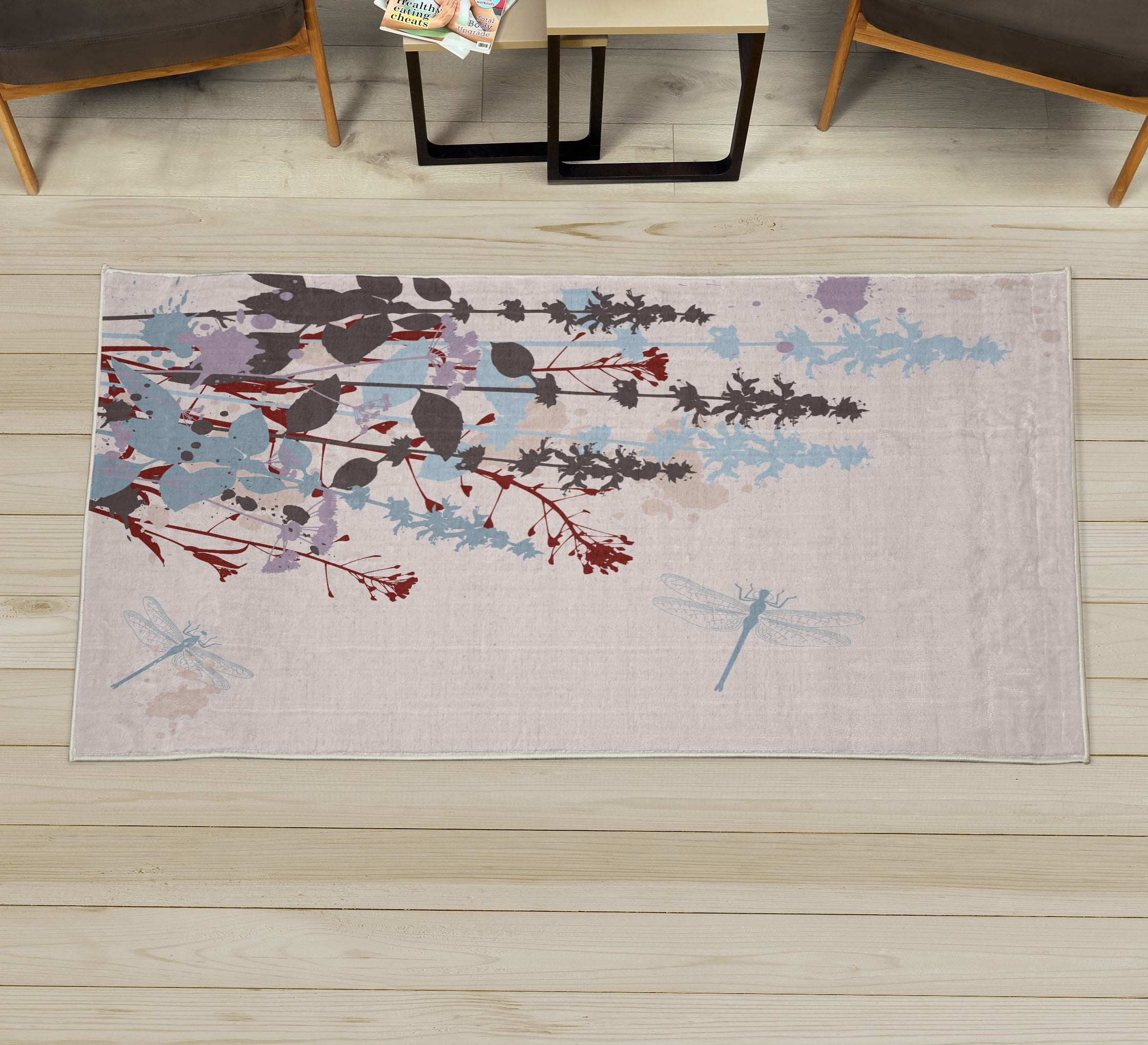 Dragonfly Decorative Rug, Nature Plants Grass with Wildflowers with ...