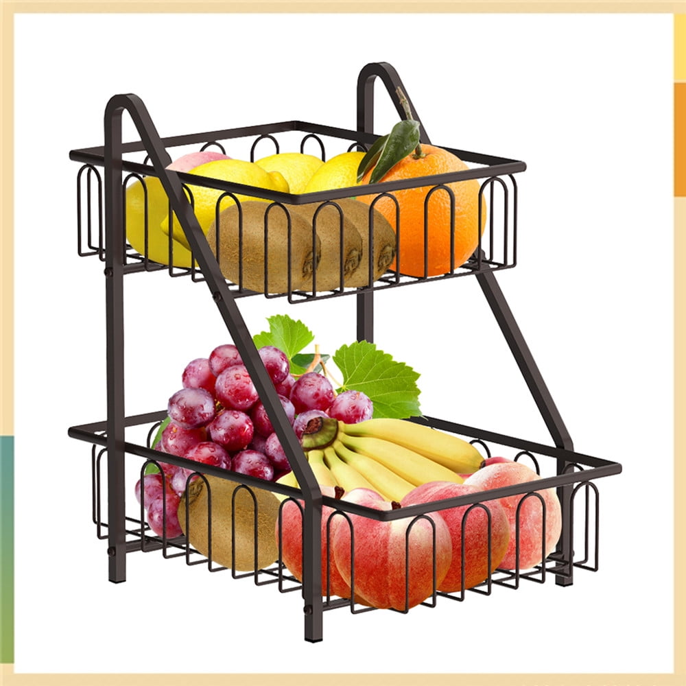 2-Tier Metal Rectangle Fruit Vegetable Bowls with handle for Countertop ...