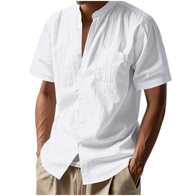 hotojiny Men's Linen Short Sleeve Shirts Casual Lightweight Button down ...