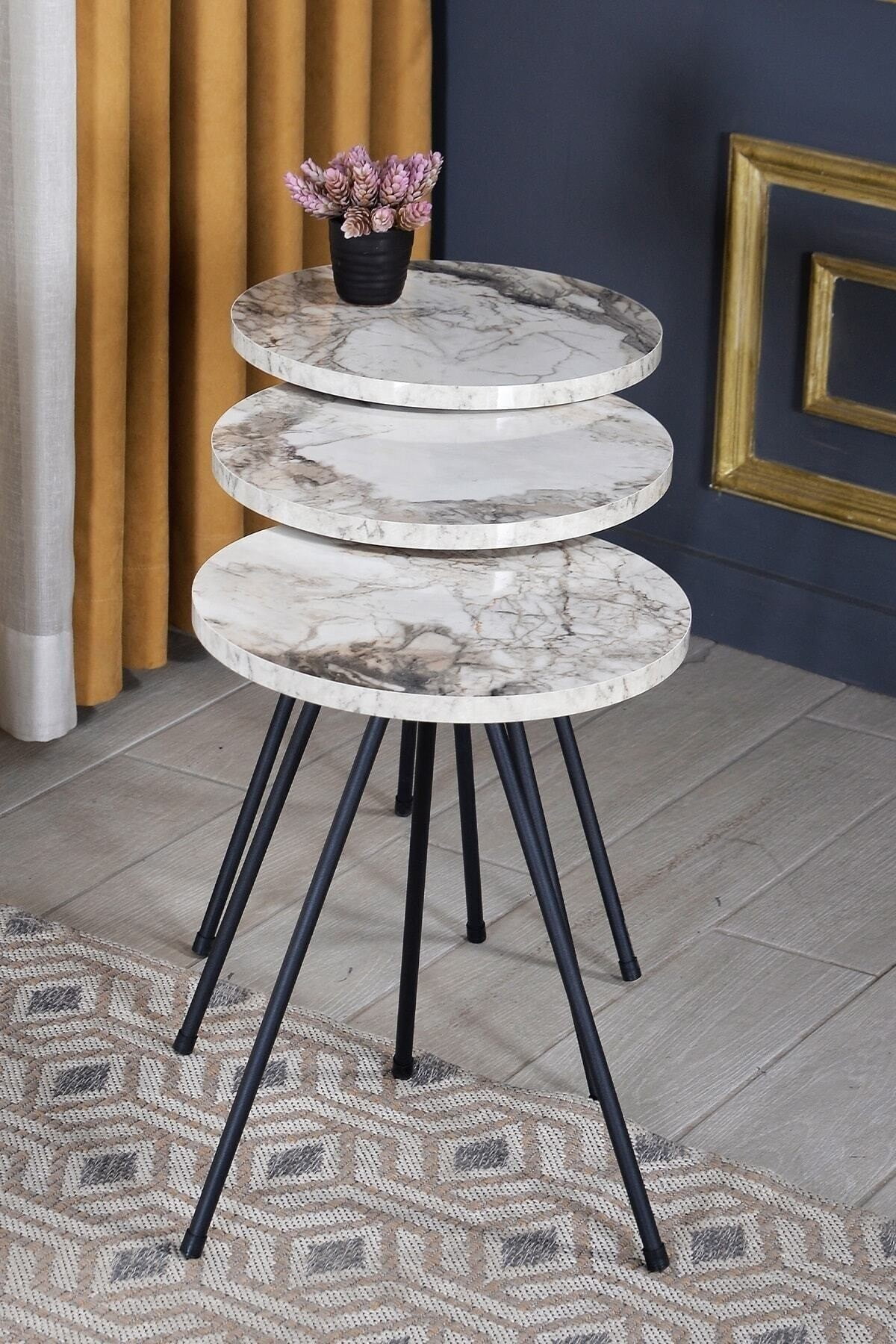 White Marble Nesting Coffee Tables 3 PCS,Round Side Table With Black ...