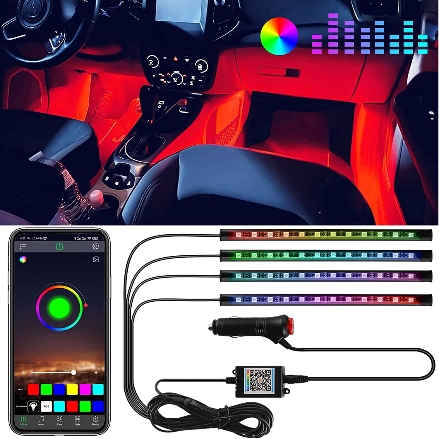 Multi-Color Strip Lights with App Control, Smart Interior 48 LED Car ...