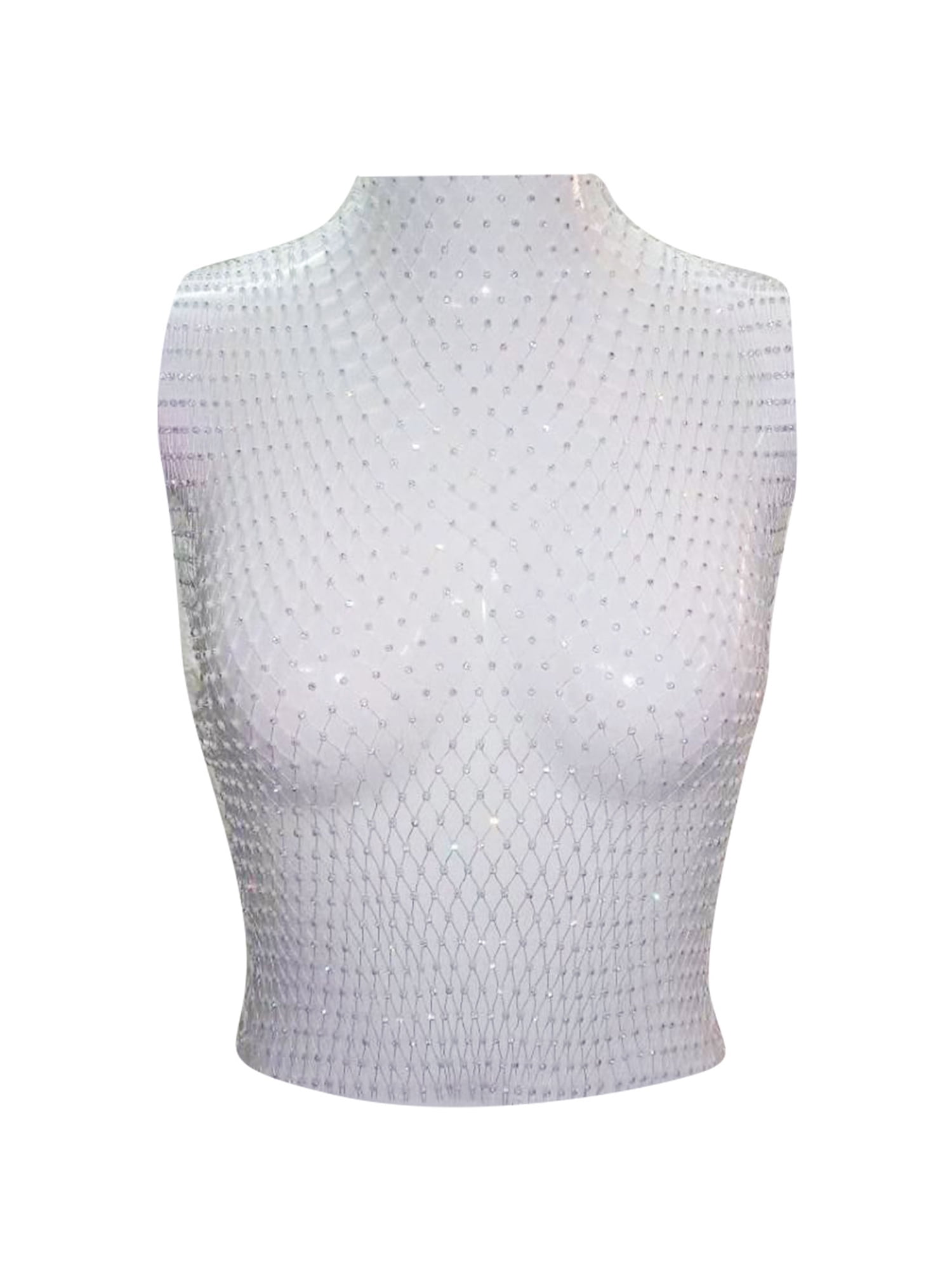 Women Shiny Rhinestone Sheer Mesh Hollow Out Crop Top See Through ...