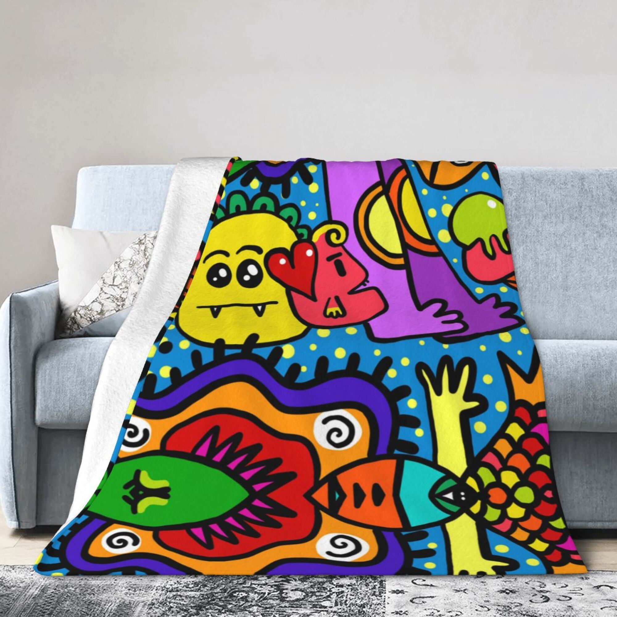 Anti-Pilling Flannel Bed Throw Blankets Cartoon Doodle Pattern - Couch ...