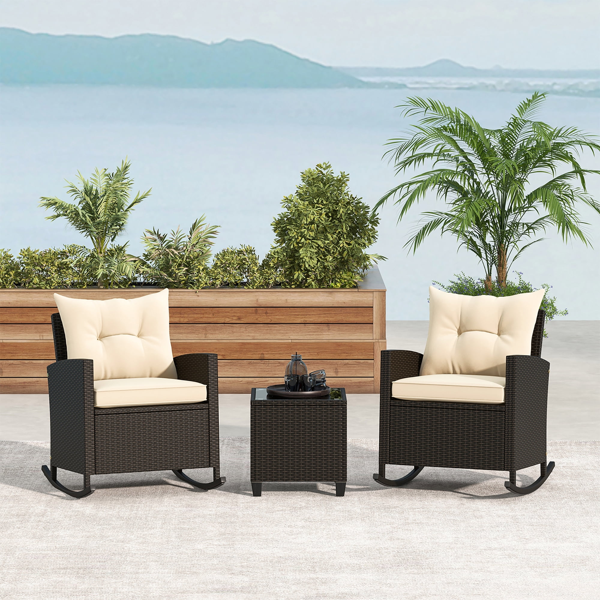 Click here for Gymax 3 Piece Outdoor Rocking Set Rattan Rocking C... prices