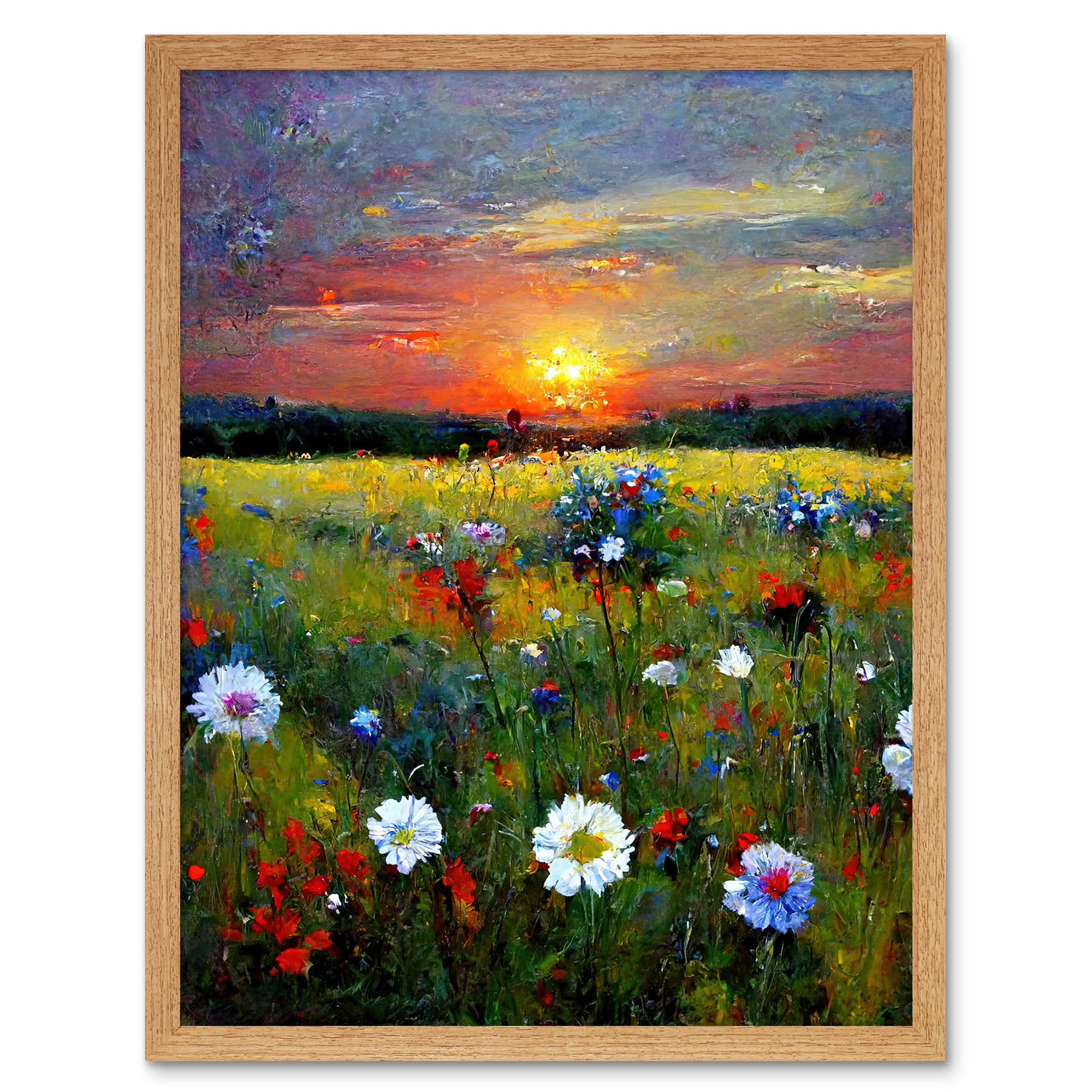 Wildflower Floral Landscape Sunrise Oil Art Print Framed Poster Wall ...