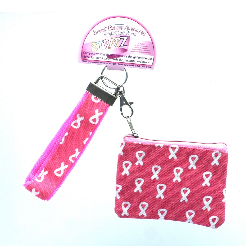Pink Breast Cancer Awareness Ribbon Wristlet Coin Purse With Strap Key ...