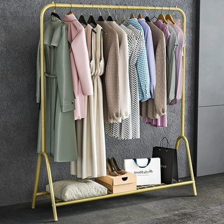 Gold Clothing rack with Bottom Shelves Single Rod Clothes Rack Metal ...