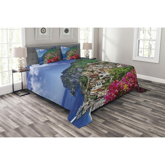 Italy Bedspread Set King Size, Scenic View of Positano Amalfi Naples ...