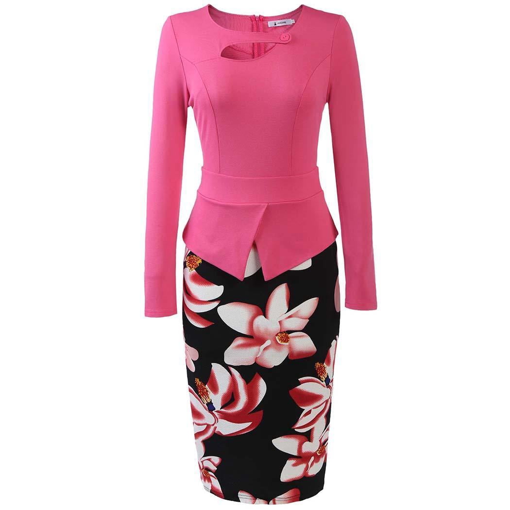 Women 3/4 Sleeve Patchwork Pencil Dress Peplum Print Package Hip OL ...