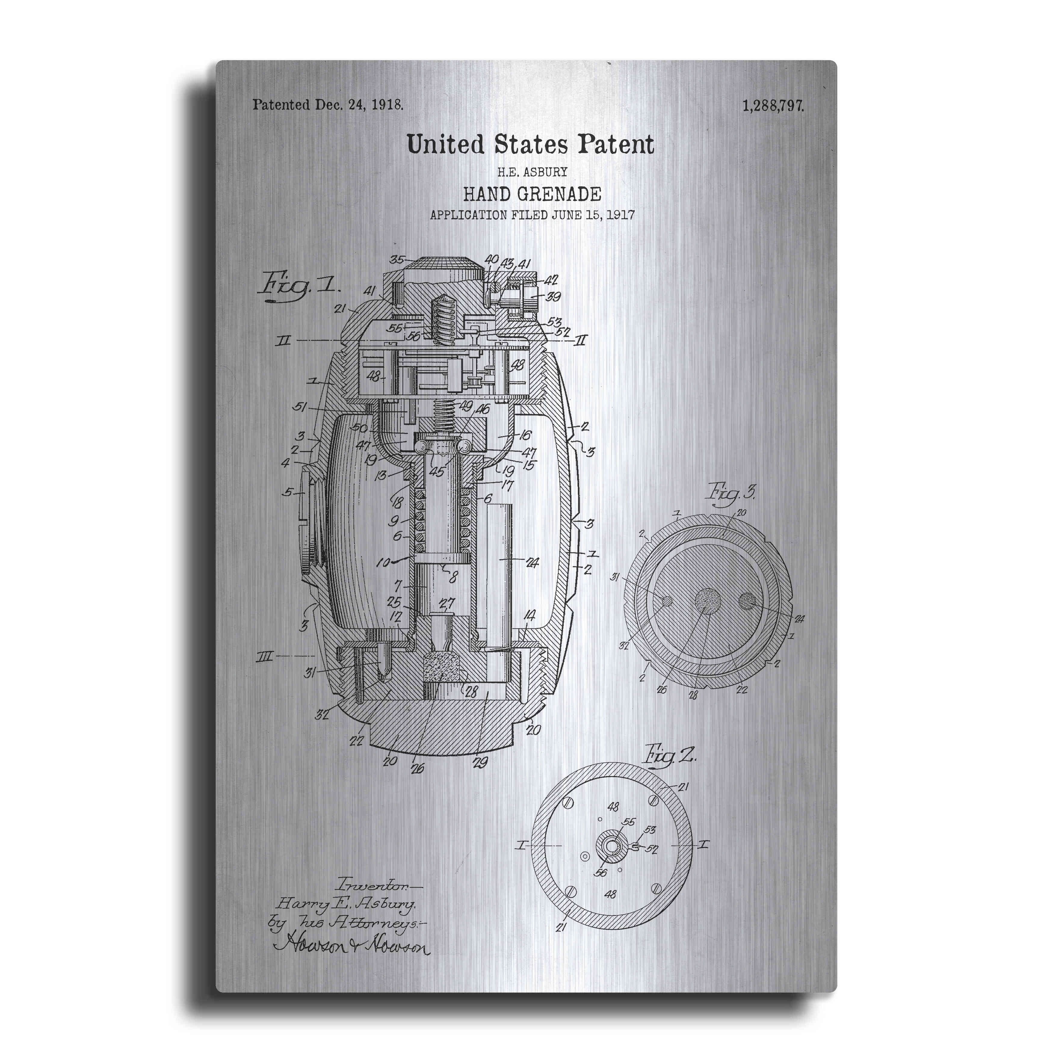 Luxe Metal Art 'Hand Grenade Blueprint Patent White' Acrylic Glass Wall ...