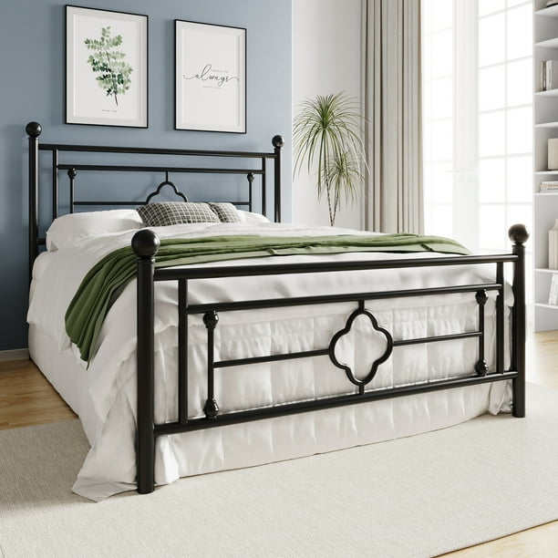 Einfach Full Size Heavy Metal Bed with Vintage Headboard Pattern, Black ...
