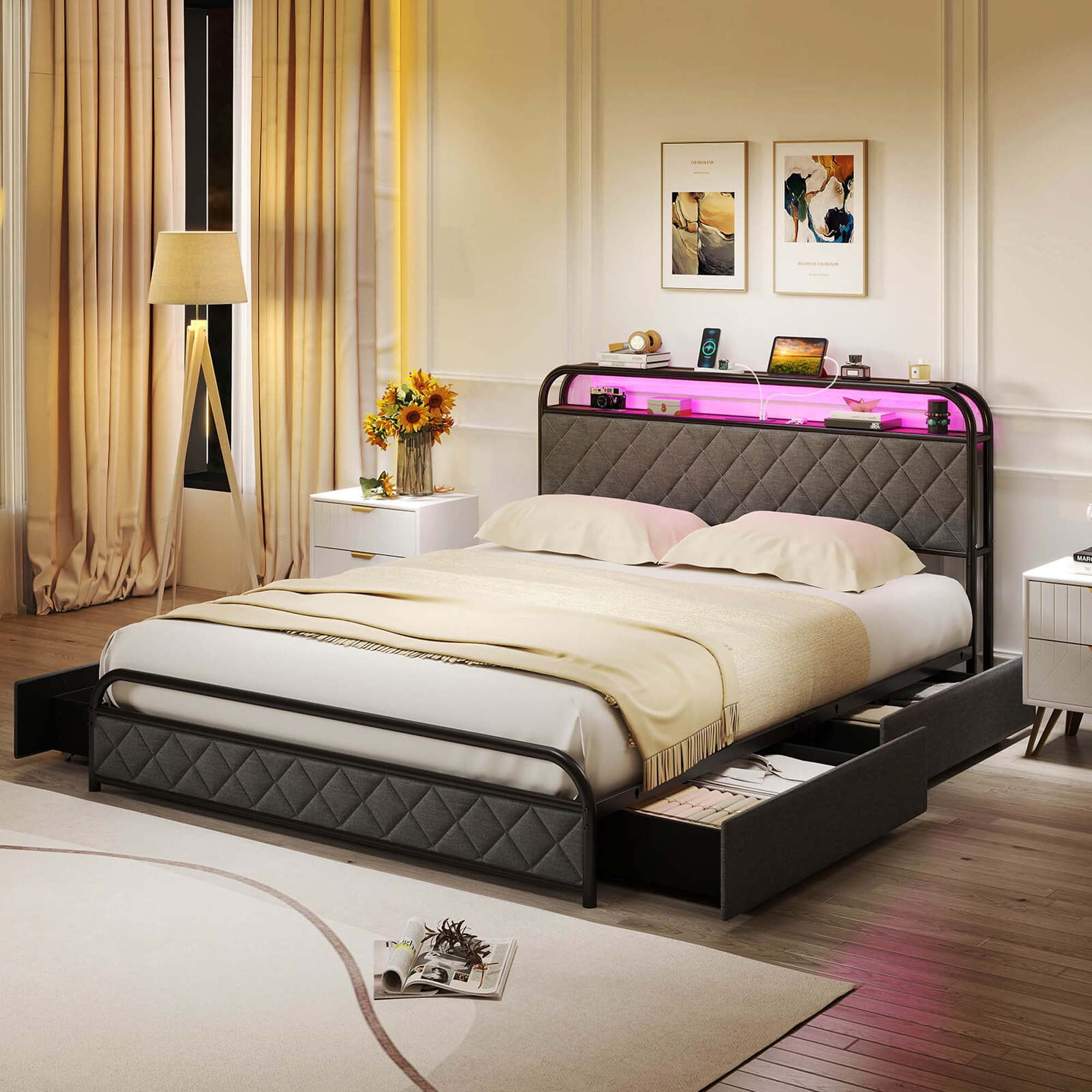 Click here for Costway Queen Size Bed Frame With Led Lights & Cha... prices