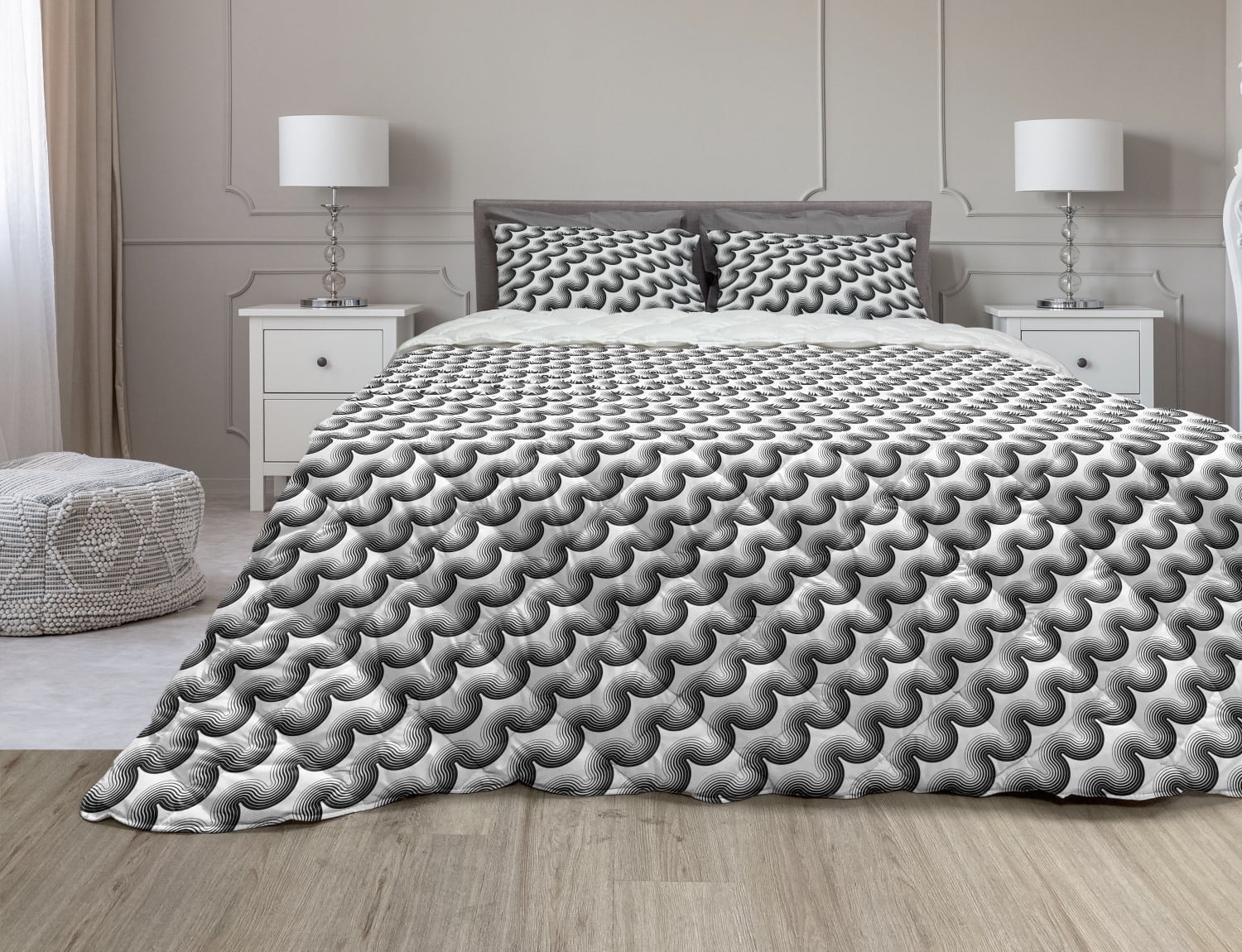 Black and White Comforter & Sham Bedding Set, Monochrome Patterned Wavy ...