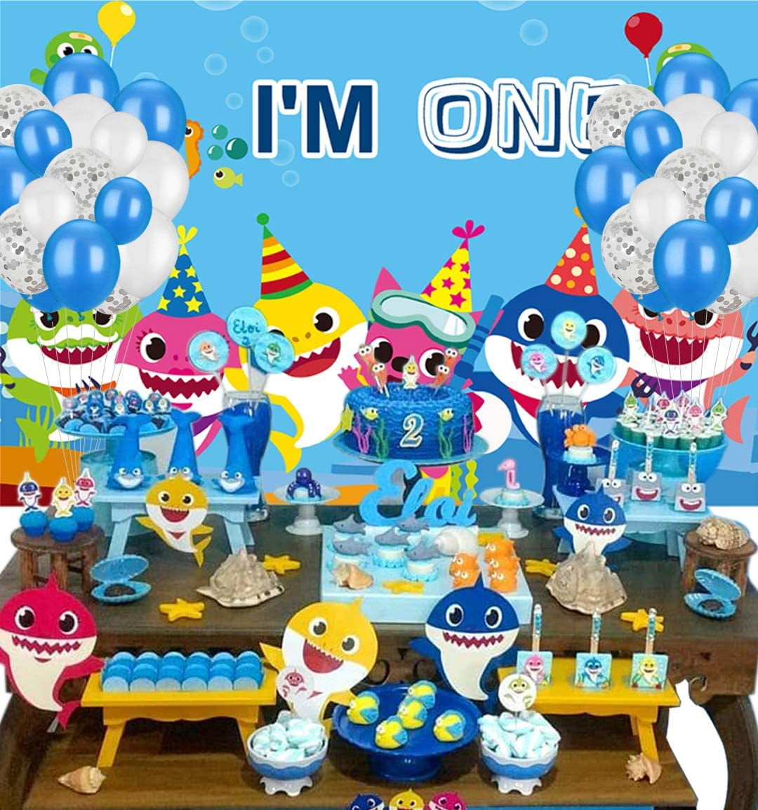 Buy Baby Shark First Birthday Decorations with Backdrop and Balloons ...