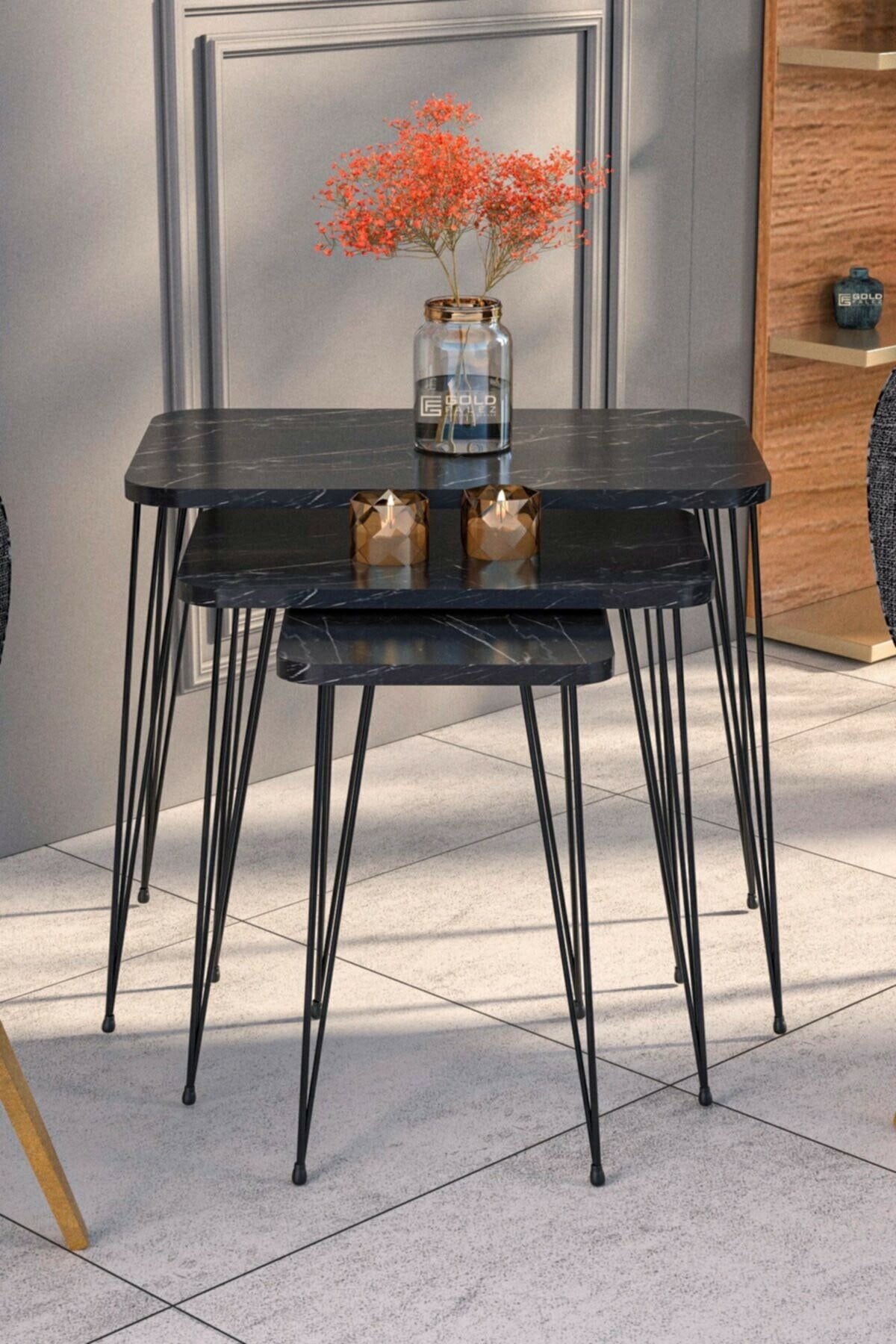 Black Marble Nesting Coffee Table with Black 3-Rod Metal Legs ...