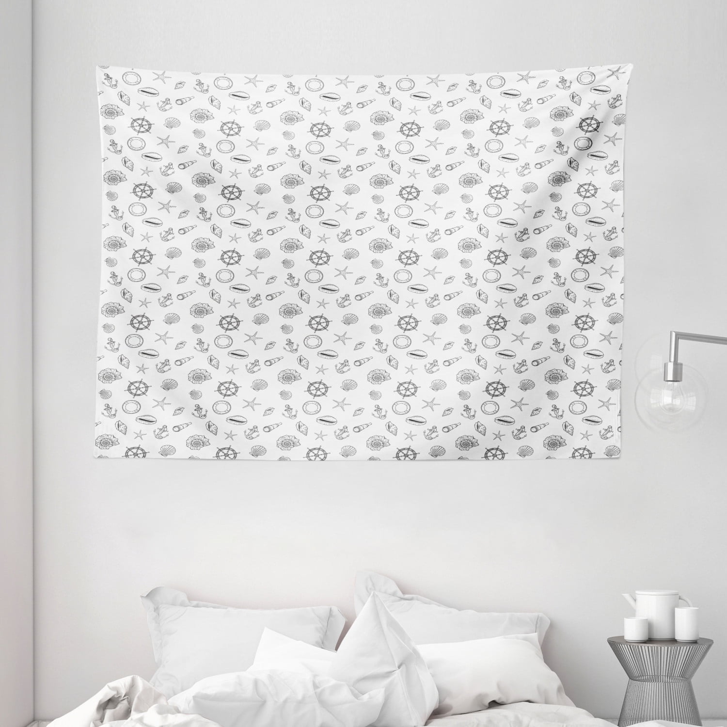 Sea Shells Tapestry, Hand Drawn Monochrome Nautical Elements Helm ...