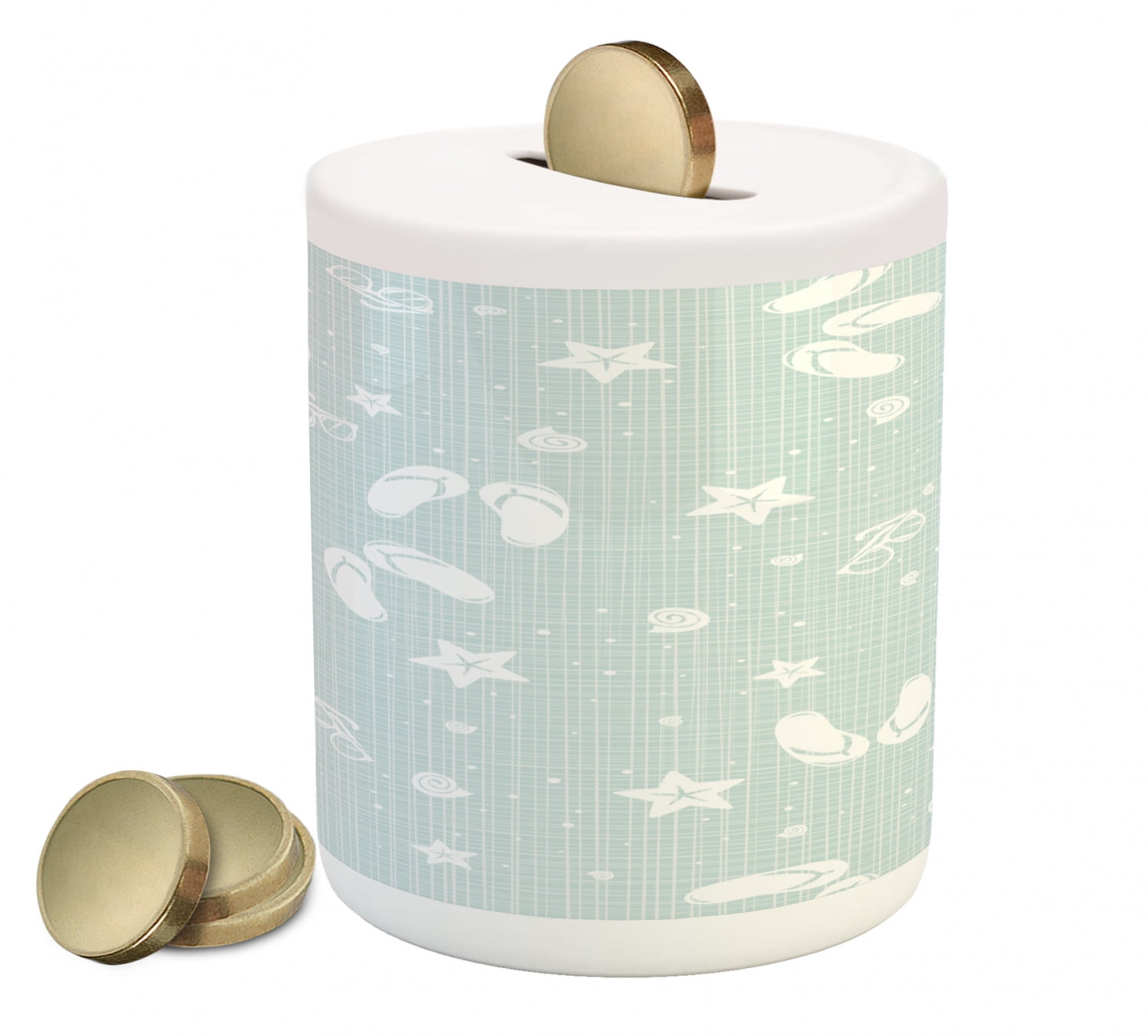 Aqua Piggy Bank, Beach Theme Design Shells Starfishes Flip Flops ...