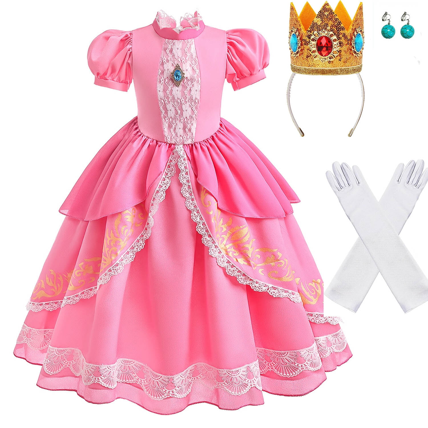 Girls Princess Costume Dress with Crown Earrings Gloves Halloween Party ...