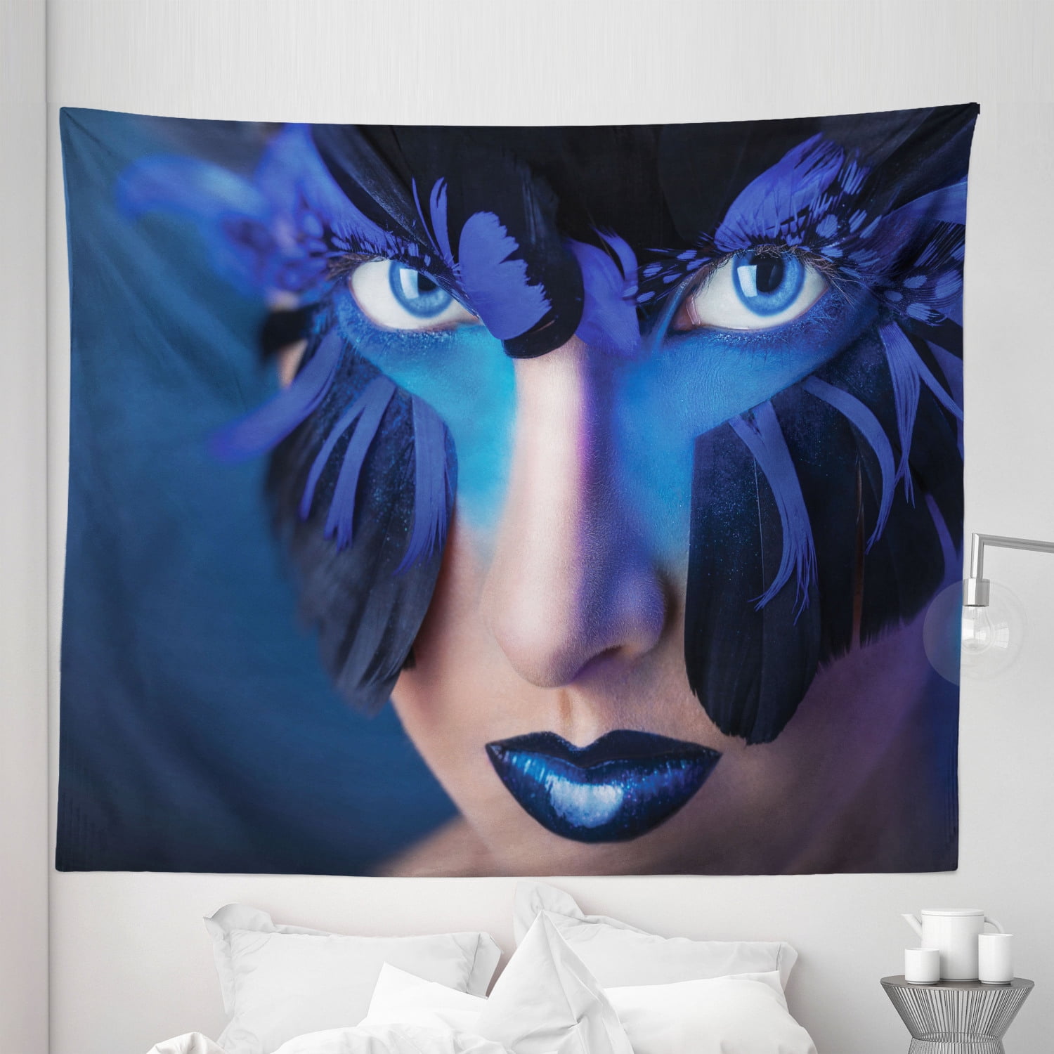 Women Tapestry, Lady with Exotic Makeup and Feathers Close up Photo ...