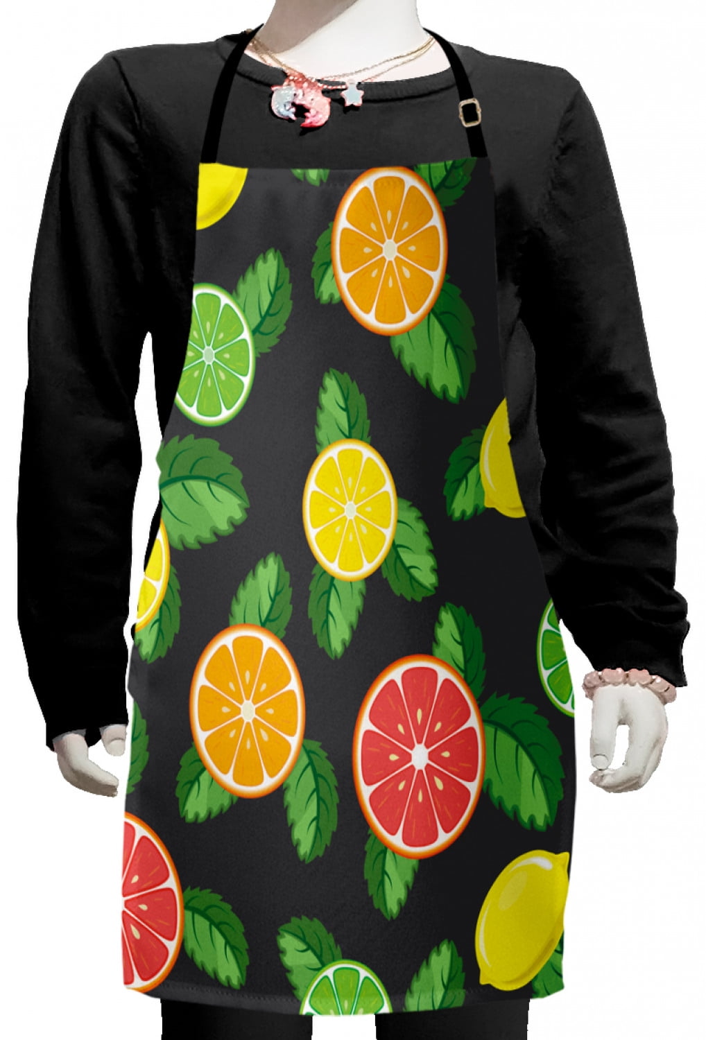Fruits Kids Apron, Citrus Leaves Rhythmic Print on Dark Backdrop, Boys ...