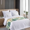Abstract Bed Runner Scarf, Green Peony Pattern Petals Leaves Gold Lines ...
