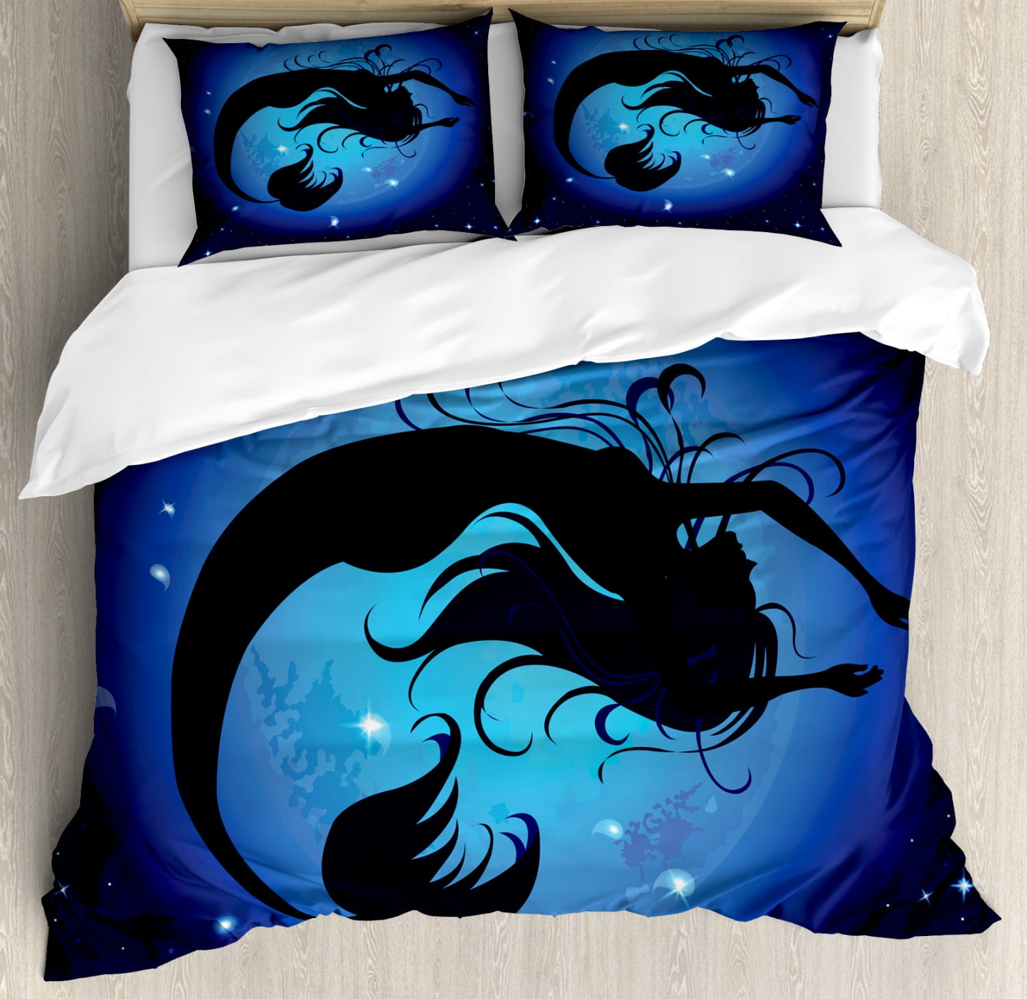 Mermaid Duvet Cover Set, Silhouette of Aquatic Girl on Moon Sky ...
