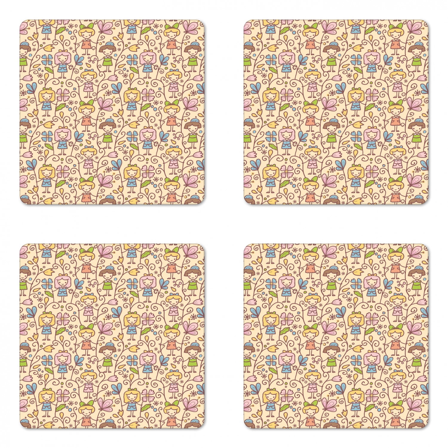 Nursery Coaster Set of 4, Continuous Childish Pattern with Happy Girls ...