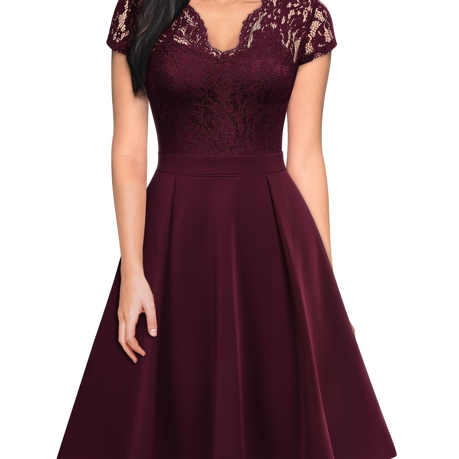 Vestido De Línea A De Encaje En Contraste Con Cuello En V, Elegante ...