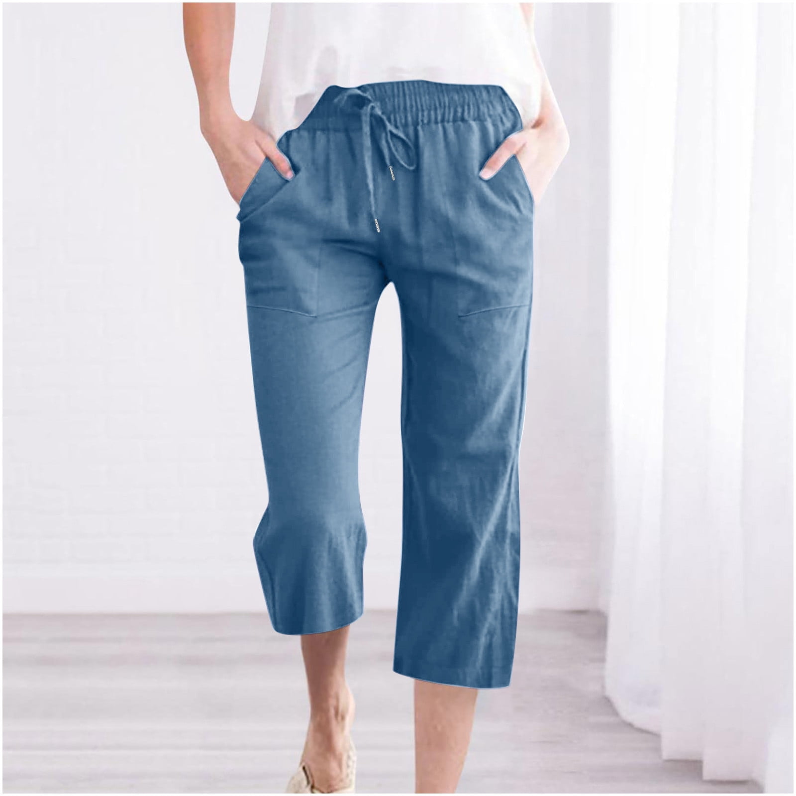 Women'S Capri Pants Fashion Solid Elastic Waist Pants Loose Fit ...