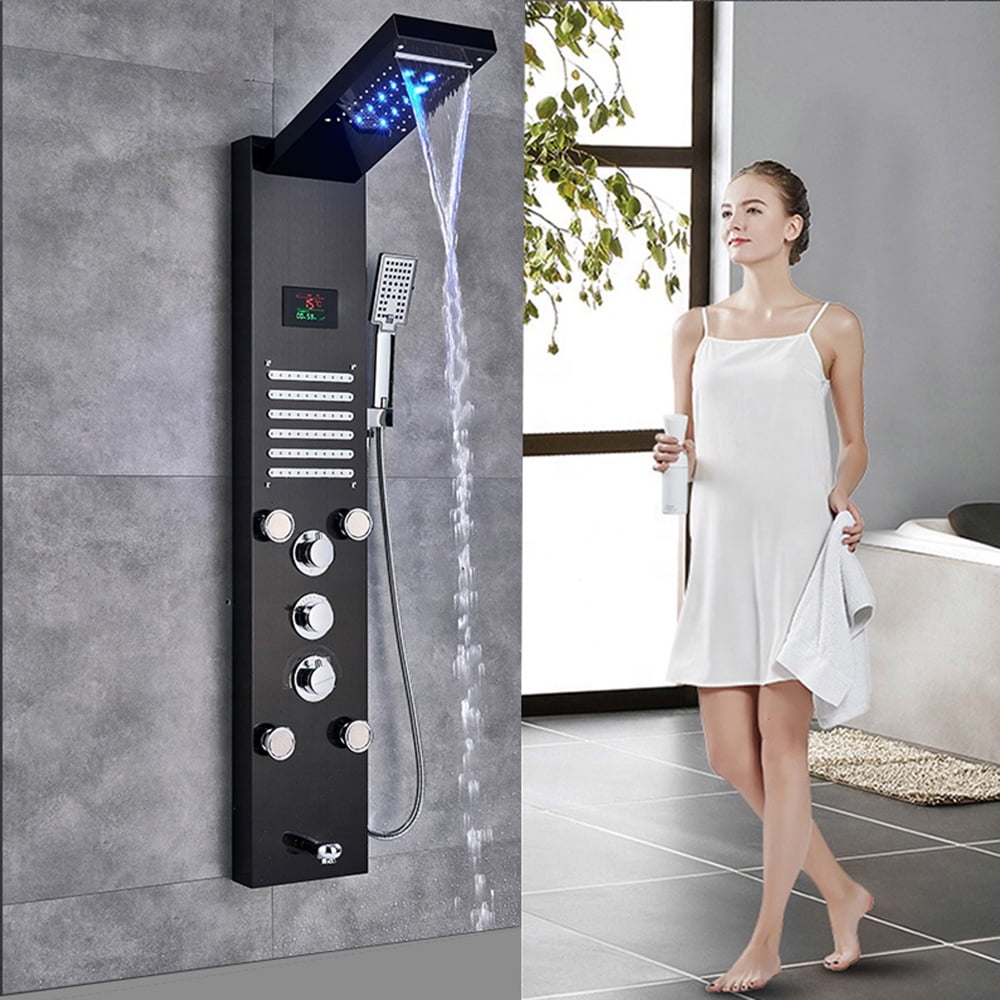 Bathroom Black Shower Panel LED Shower Massage Spa with Temperature ...