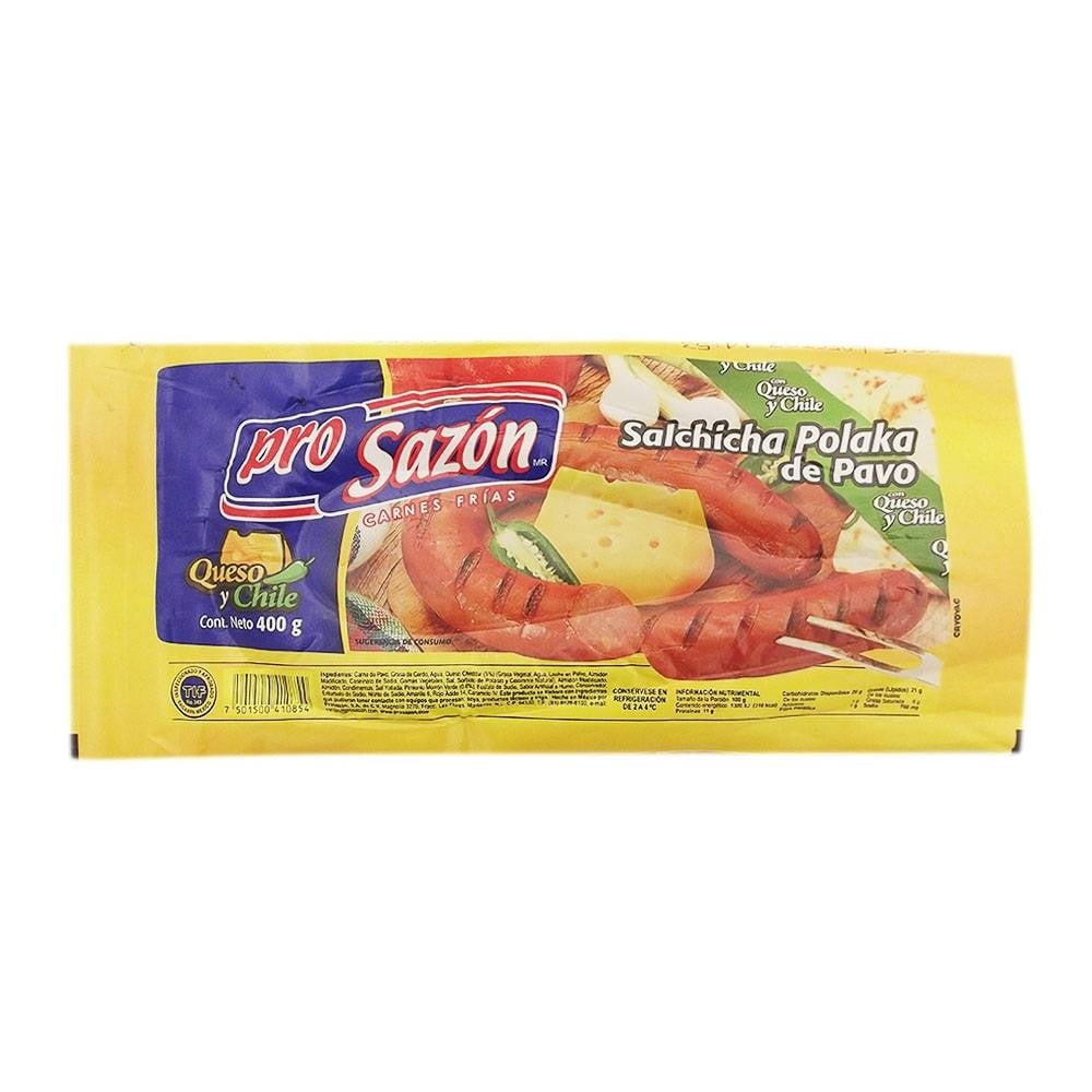 Salchicha de pavo Pro Sazón polaka con queso y chile 400 g | Bodega ...