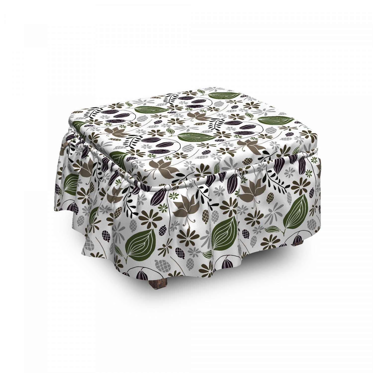 Floral Ottoman Cover, Botanical Foliage Branch, 2 Piece Slipcover Set ...