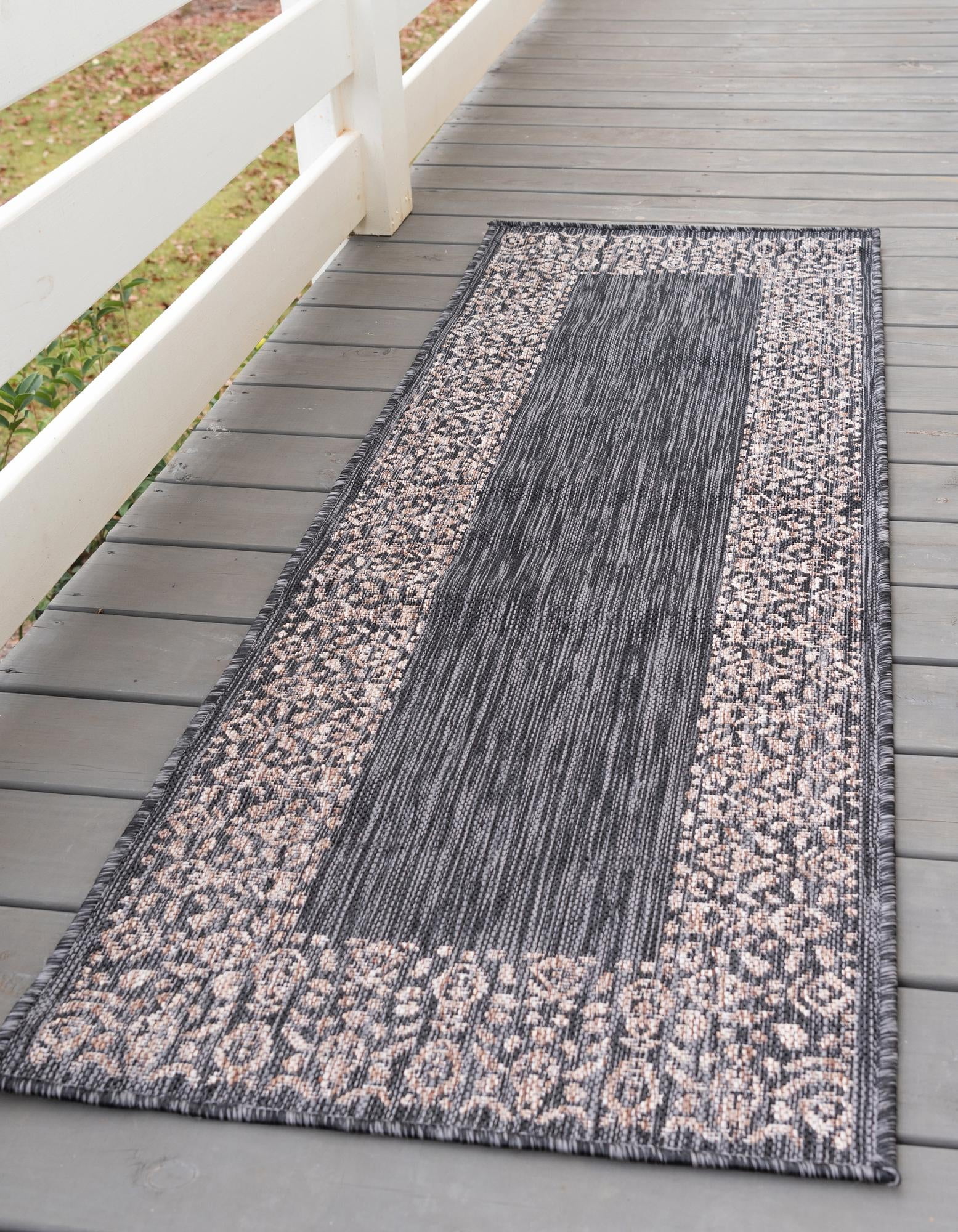 Unique Loom Floral Border Indoor/Outdoor Border Rug Charcoal Gray/Beige ...