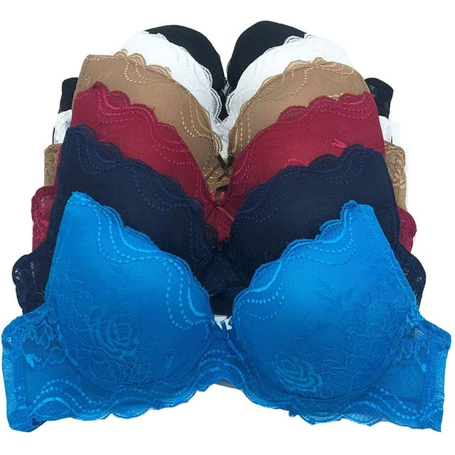 6 Pieces Full Cup Embroidery Demi Plain/Lace Push Up Bra B C Cup (32B ...