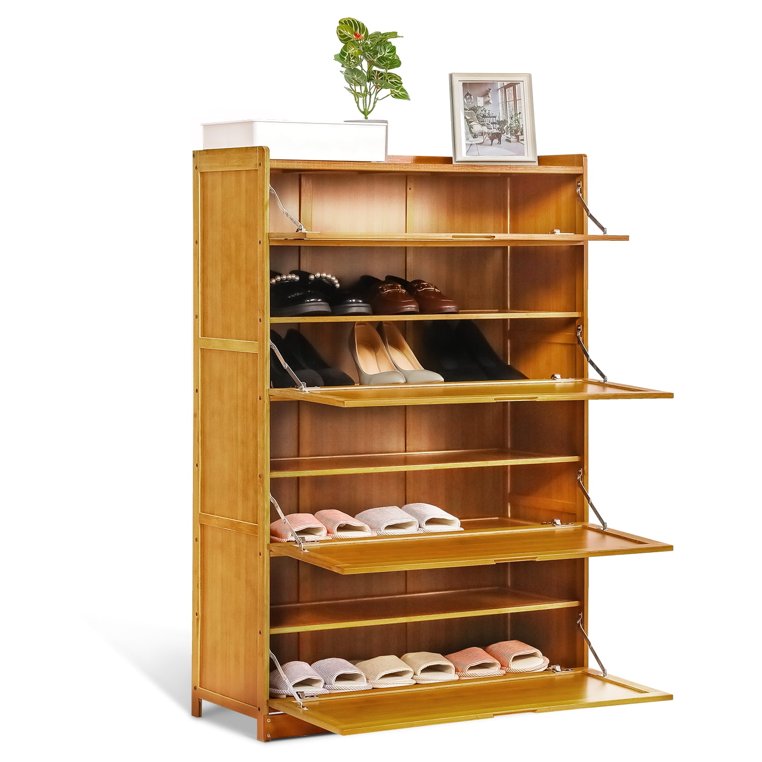 MoNiBloom 7-Tier 28 Pairs Entryway Shoe Rack with Door, Bamboo, Brown ...