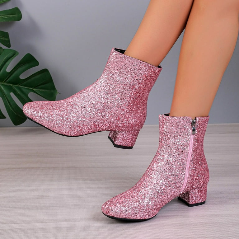IUJSOY Glitter Ankle Boots for Women Mid Block Heel Sequin Sparkly Booties Zipper Party Prom Booties