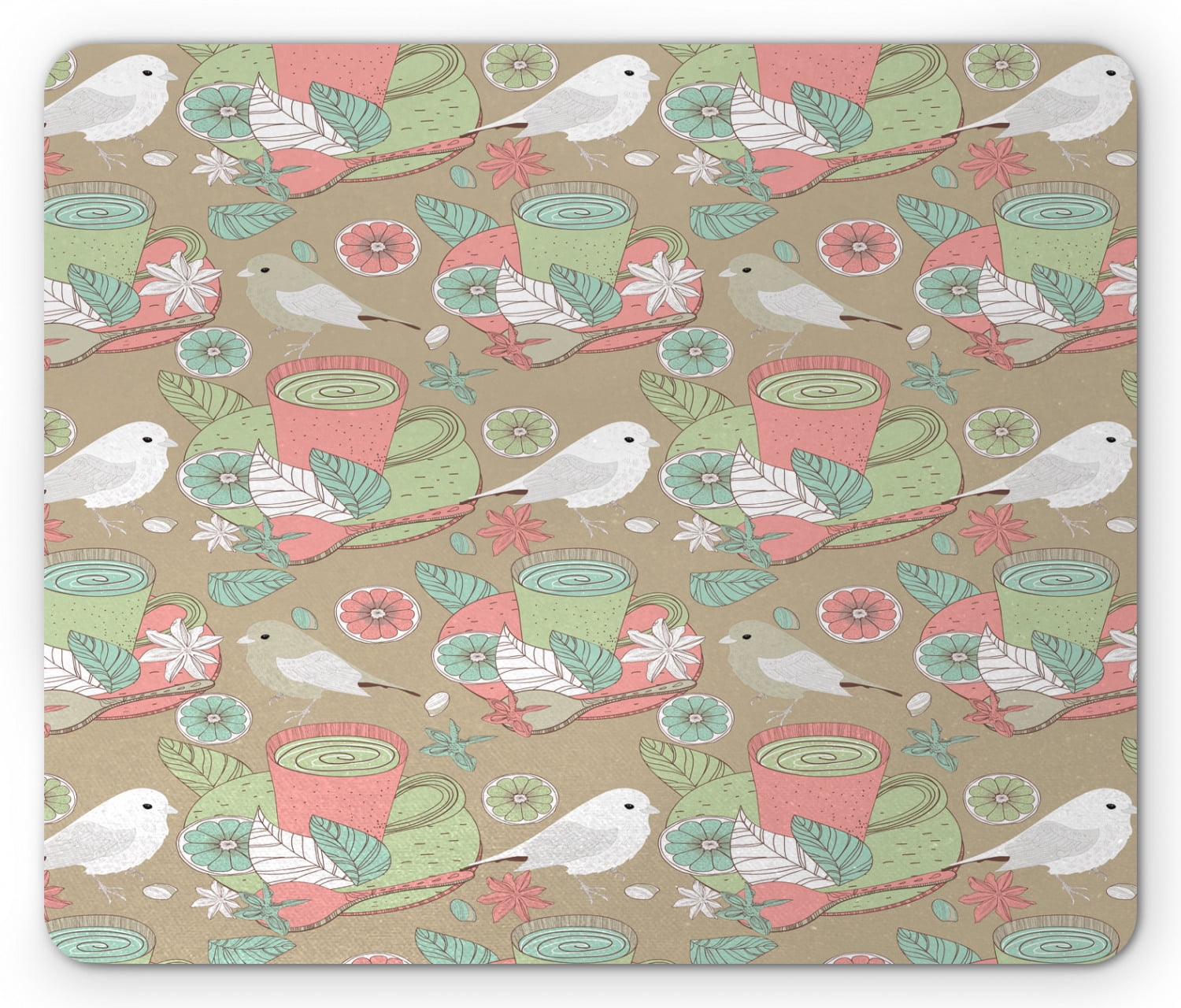 Natural Mouse Pad, Tea Cups with Birds Flowers Lemon Slices and Leaves ...