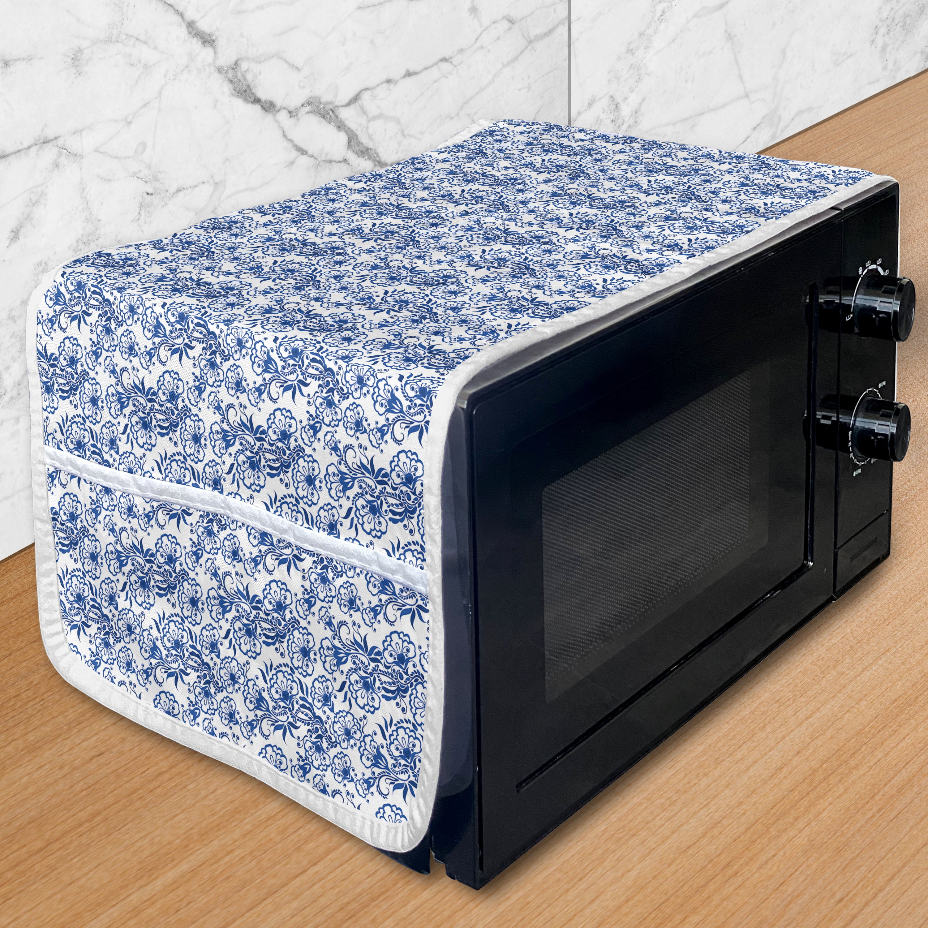 Blue Microwave Oven Cover, Delicate Spring Season Themed Floral Pattern ...