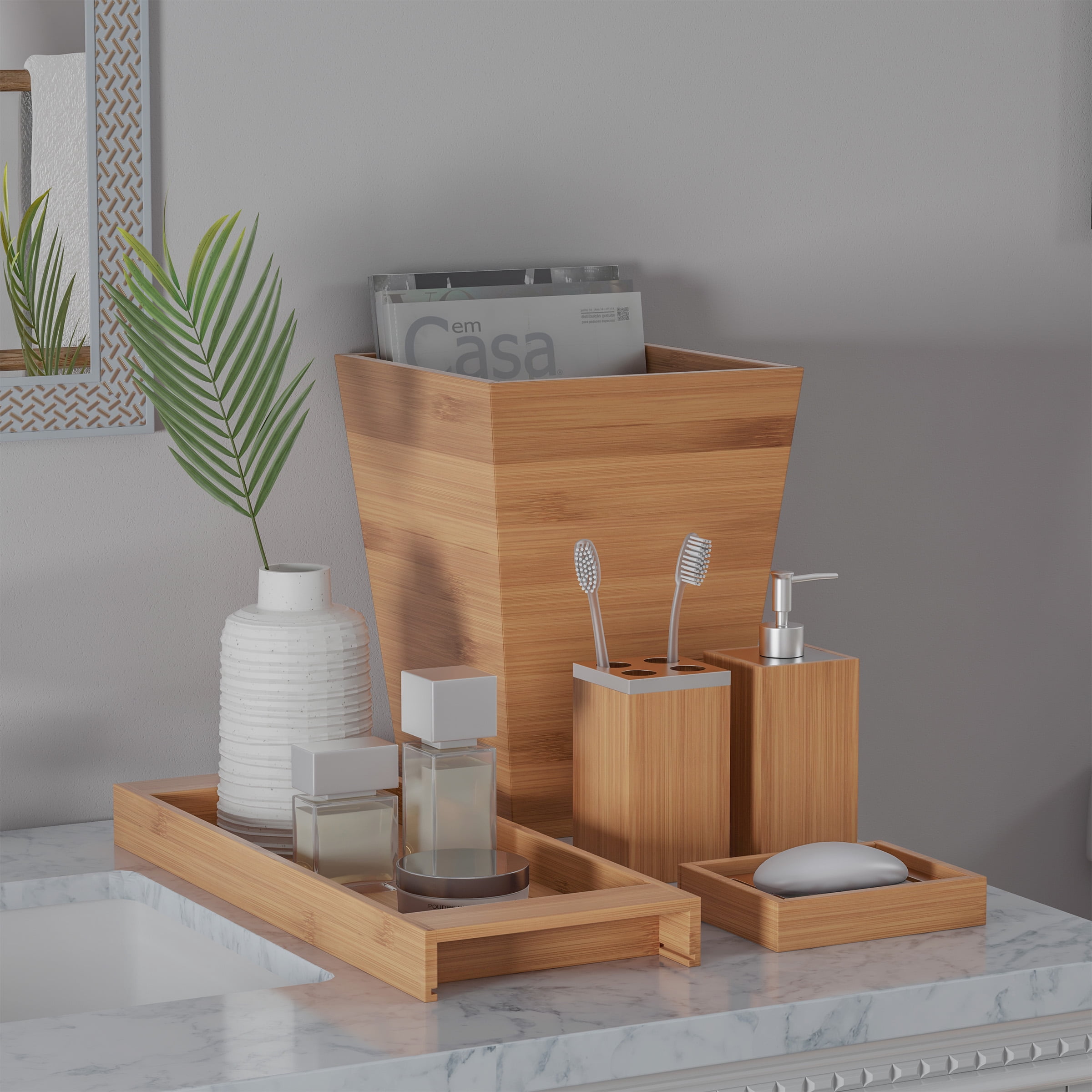 Bamboo Bath Accessories 5 Piece Set Natural Wood Tray Lotion Dispenser Bamboo Bath Accessories 5 Piece Set Natural Wood Tray Lotion Dispenser
