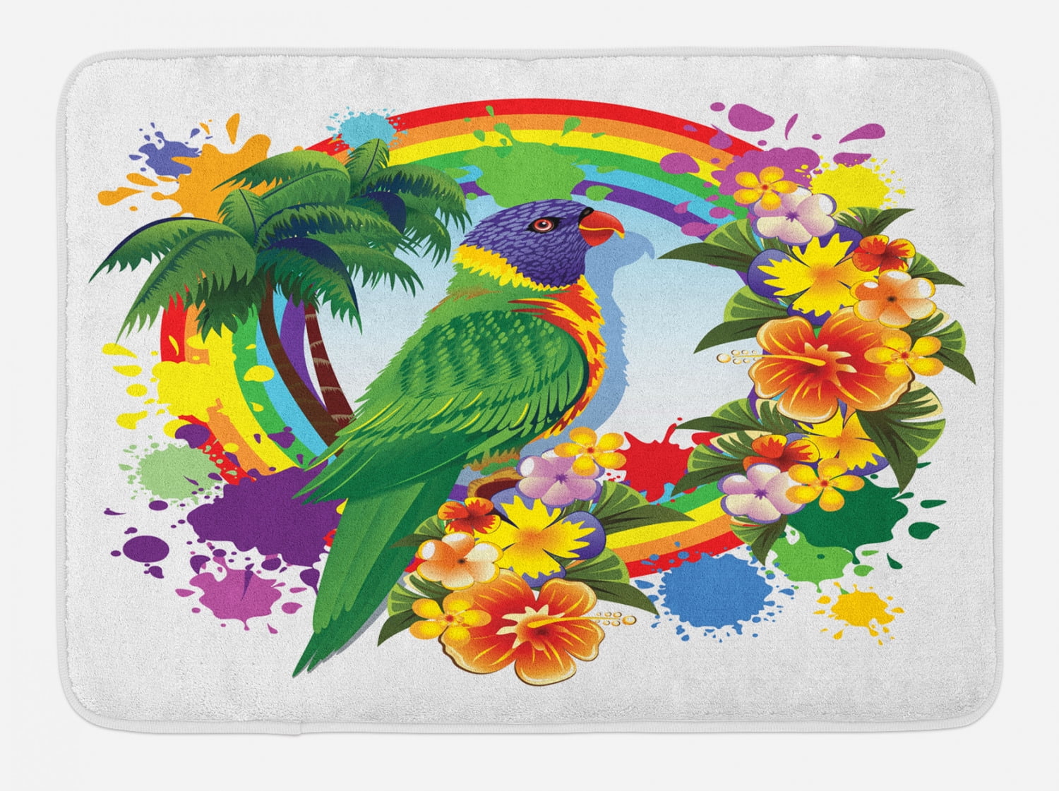 Parrot Bath Mat, Parrot Lorikeet in Rainbow Circle with Palm Trees ...