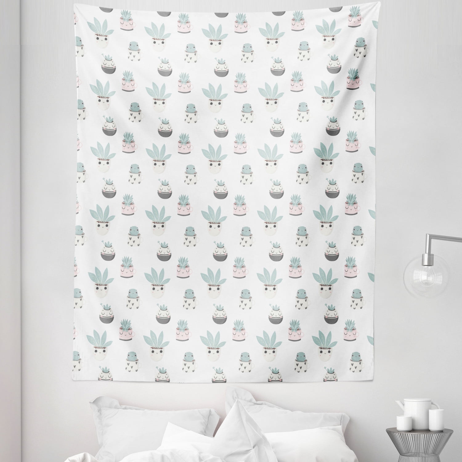 White Boho Tapestry, Kawaii Plants Big Eyes Ornamented Heart Shaped ...