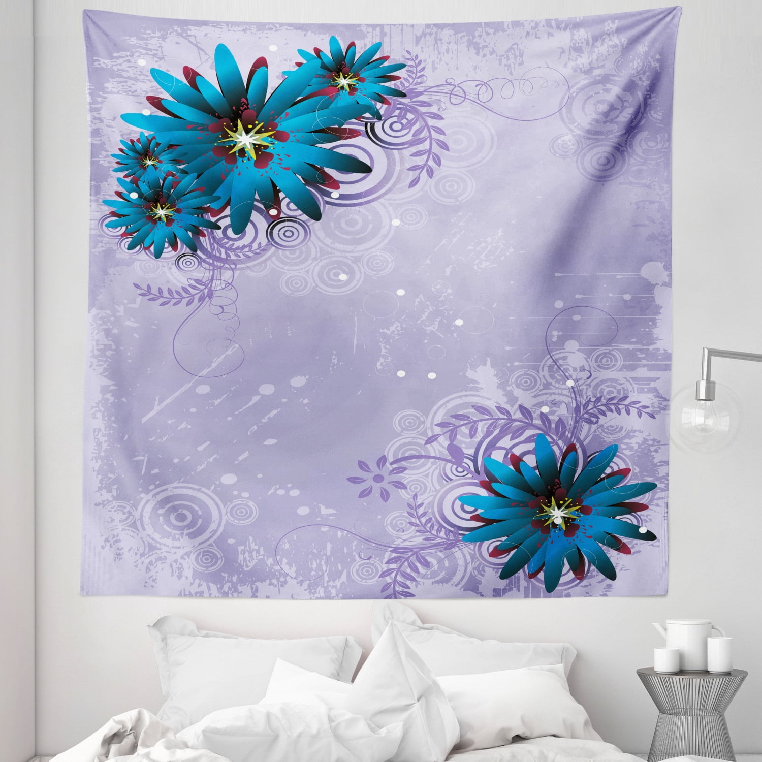 Floral Tapestry, Graphic Ornamental Flowers on Lilac Background Modern ...
