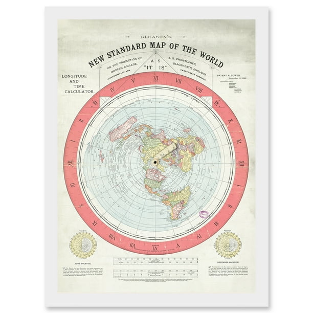 1892 World Time Calculator Flat Earth Map Gleason A4 Artwork Framed ...