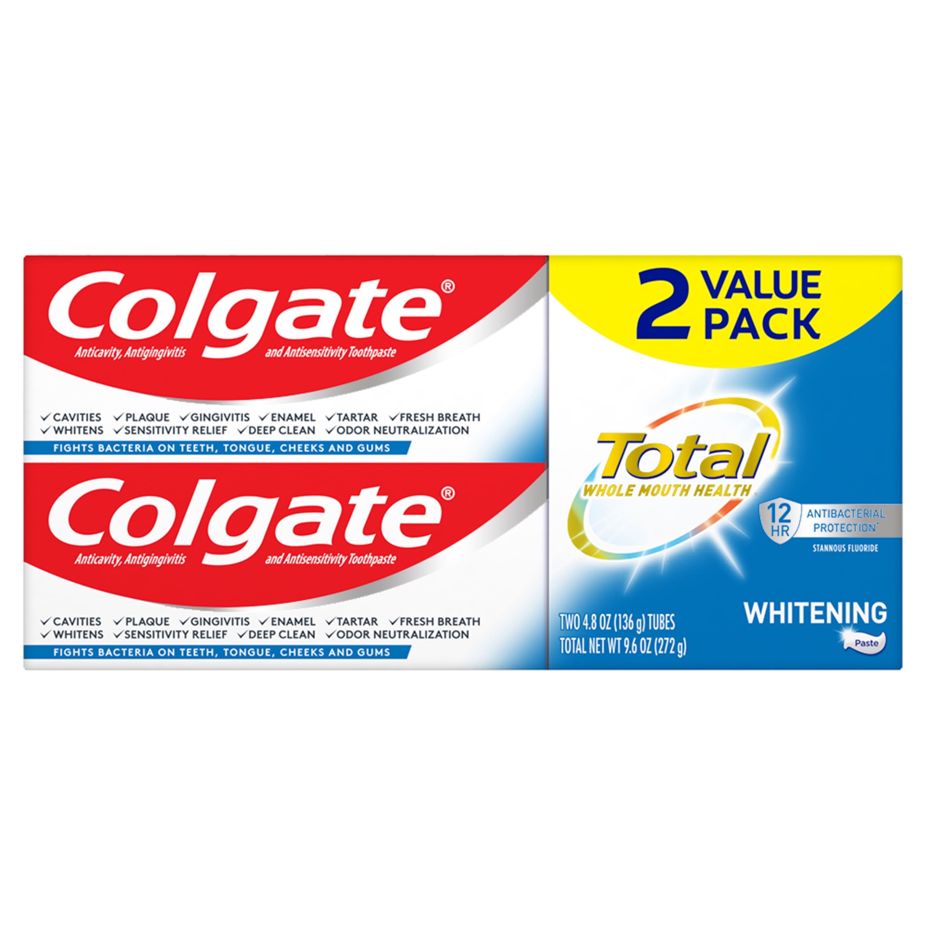 Colgate Total Whitening Toothpaste, Mint, 2 Pack, 4.8 Oz Tubes ...